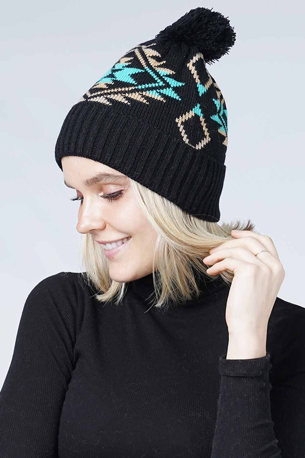 Aztec Black & Turquoise Pom-Pom Beanie Hat | Stylish Winter Beanie Hats ...