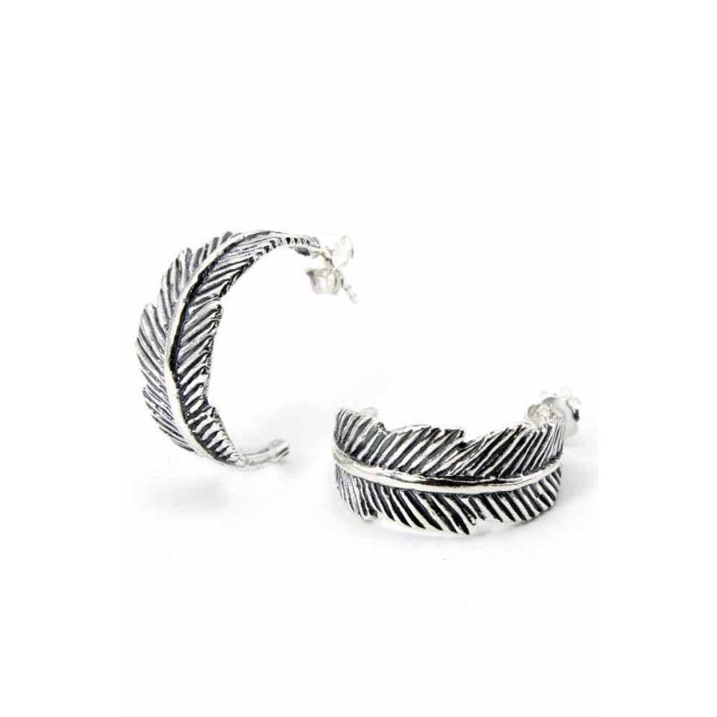 Sterling Silver Feather Oxidized Silver Hoop Earrings by Danily Designs